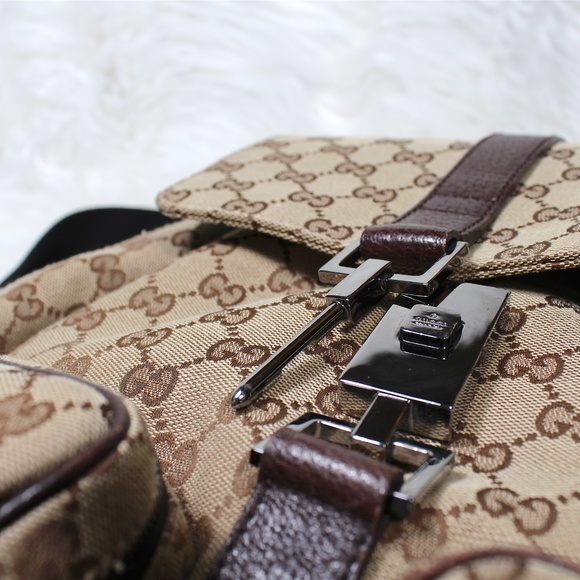Gucci | Bags | Gucci Canvas Backpack With Brown Leather Trim | Poshmark